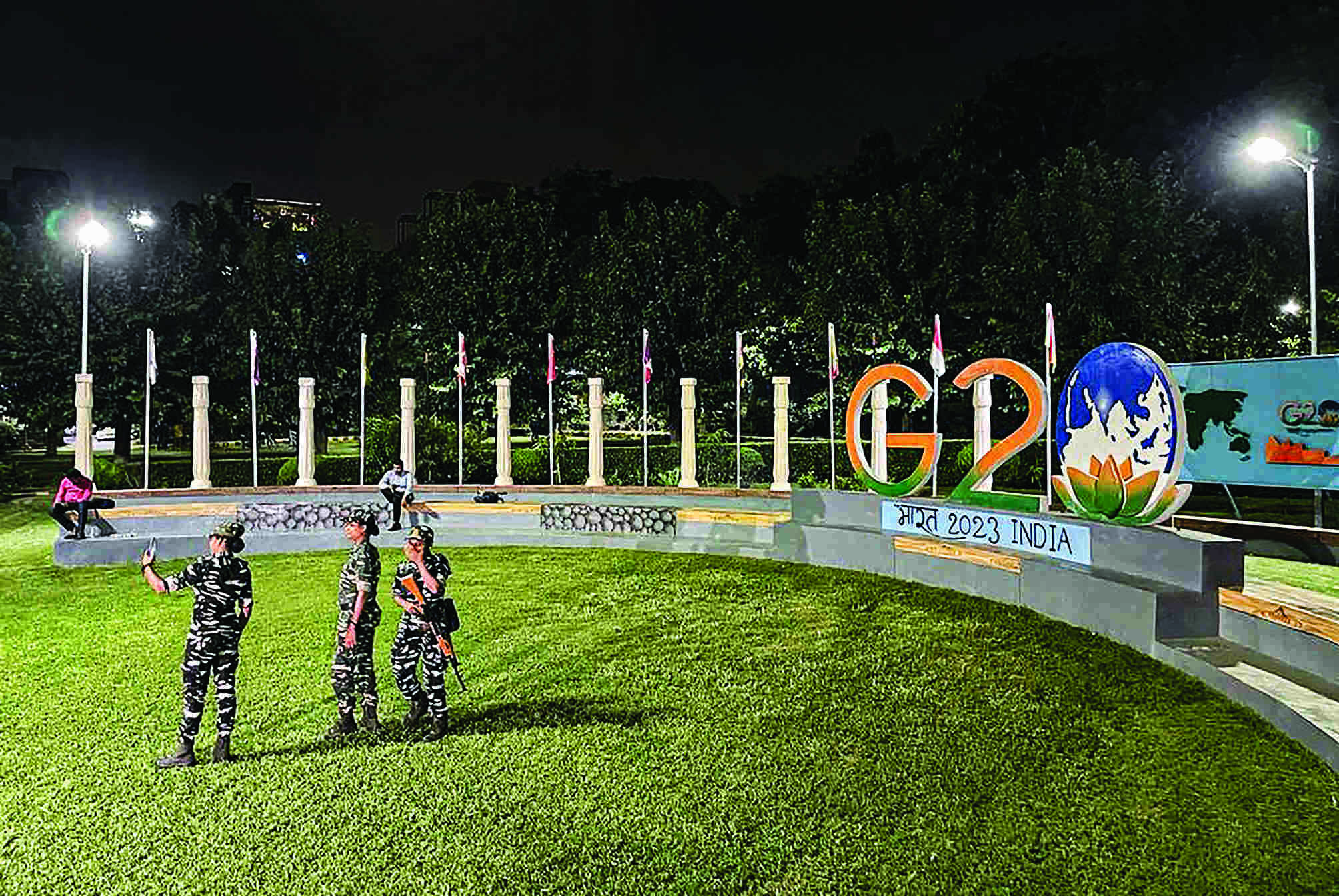 G20 commemorative park displays logo and flags of member nations