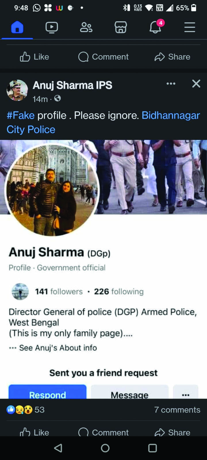 Fake profile of DG Anuj Sharma found on Facebook